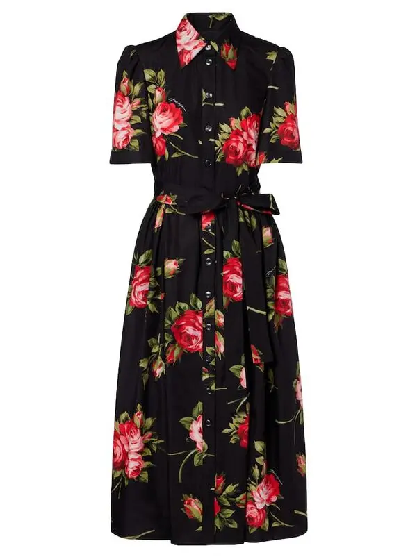 Dolce & Gabbana Belted Floral Cotton Shirt Midi Dress - Black
