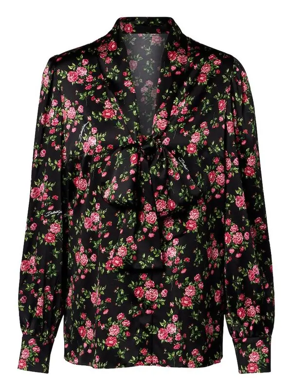 Dolce & Gabbana Floral Tie-neck Silk-blend Blouse - Black
