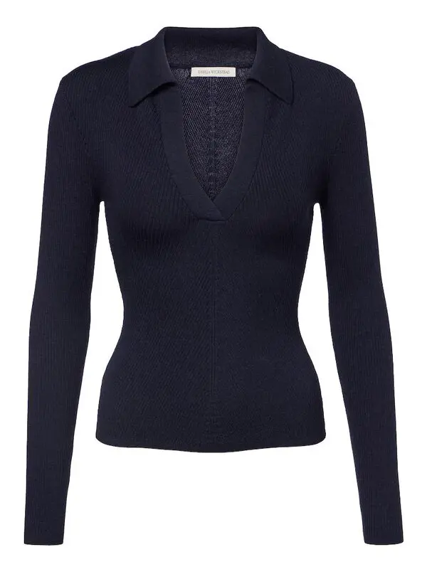 EMILIA WICKSTEAD Austin Ribbed-knit Wool Polo Sweater - Blue
