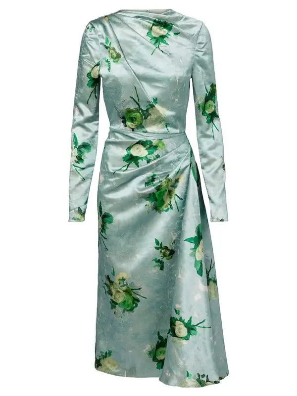 Erdem Draped Floral Satin Midi Dress - Green