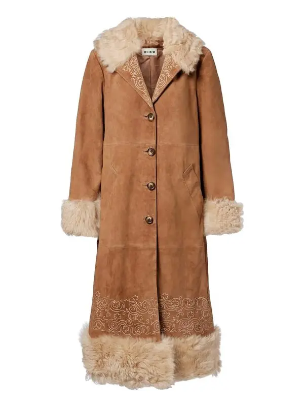 Rixo Cienna Embroidered Suede Coat - Brown