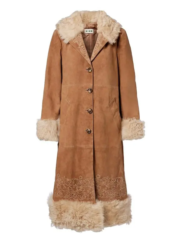 Rixo Cienna Embroidered Suede Coat With Shearling Trim - Brown
