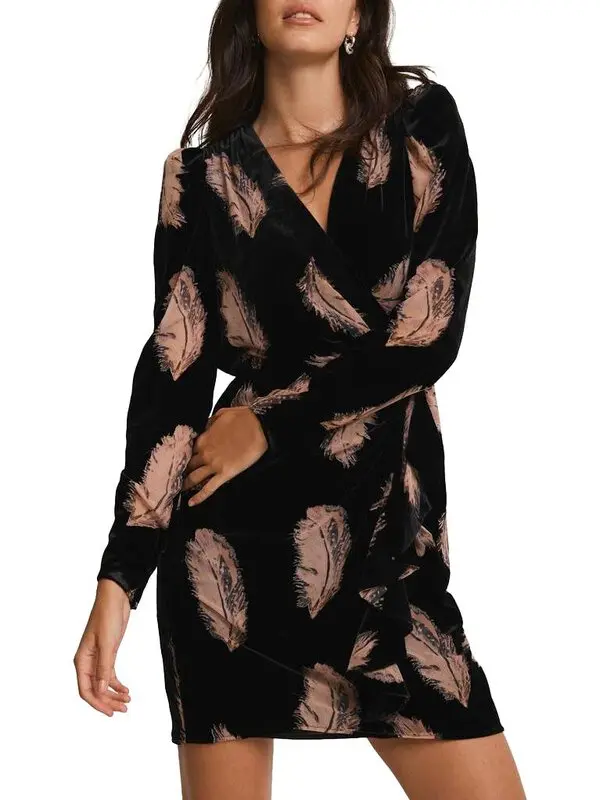 Mint Velvet Feather Print Velvet Mini Dress - Black