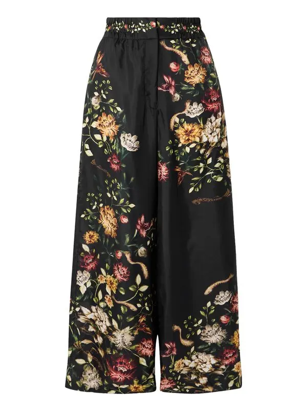 Agua Bendita Tota Paramo Floral-print Silk-twill Wide-leg Pants - Black