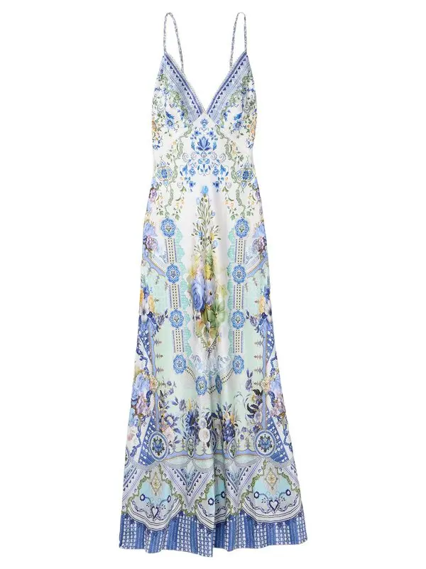 Camilla Crystal-embellished Floral-print Silk-satin Maxi Dress - Blue