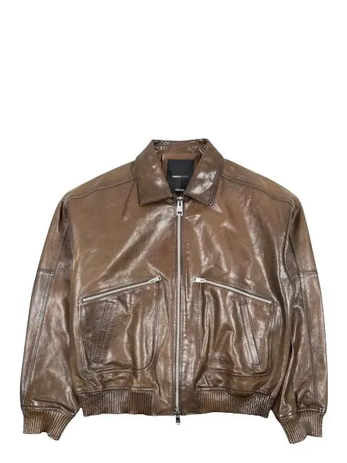 PURPLE BRAND Distressed Leather Bomber - Brown