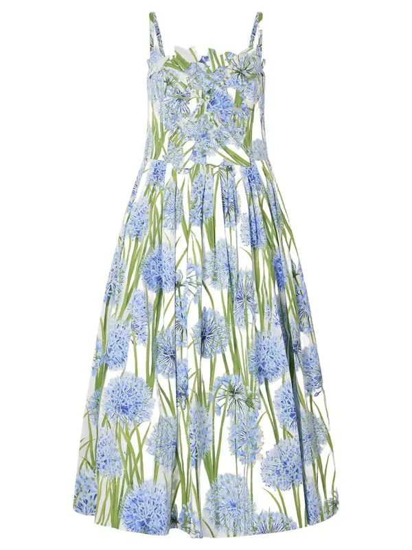 Oscar De La Renta Pleated Floral-print Cotton-blend Poplin Midi Dress - Blue