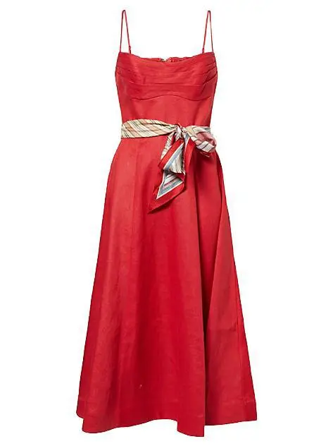 Zimmermann Linen Midi Dress With Belt - Red