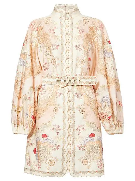 Zimmermann Daylight Belted Linen Mini Dress - Wallpaper Floral Blush