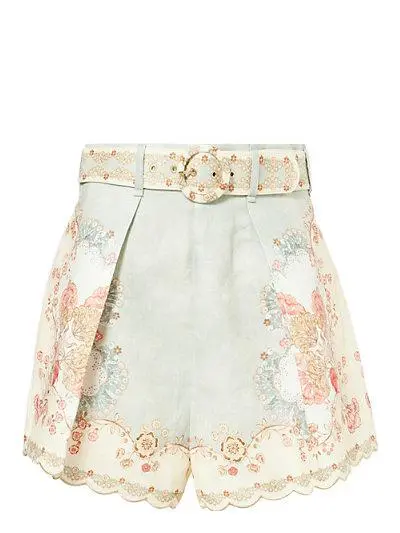 Zimmermann Daylight Tuck Belted Linen Shorts - Wallpaper Floral Mint