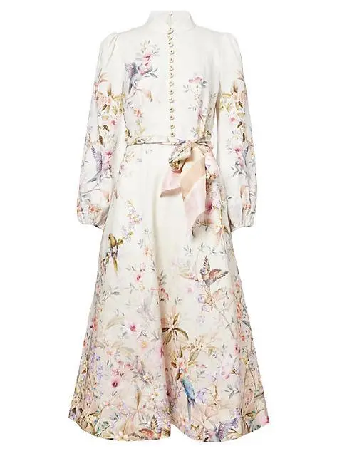 Zimmermann Floral Linen Midi Dress - Cream Aviary