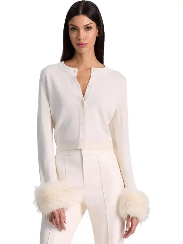 Alice + Olivia Dollie Faux Fur Cuff Cardigan - White