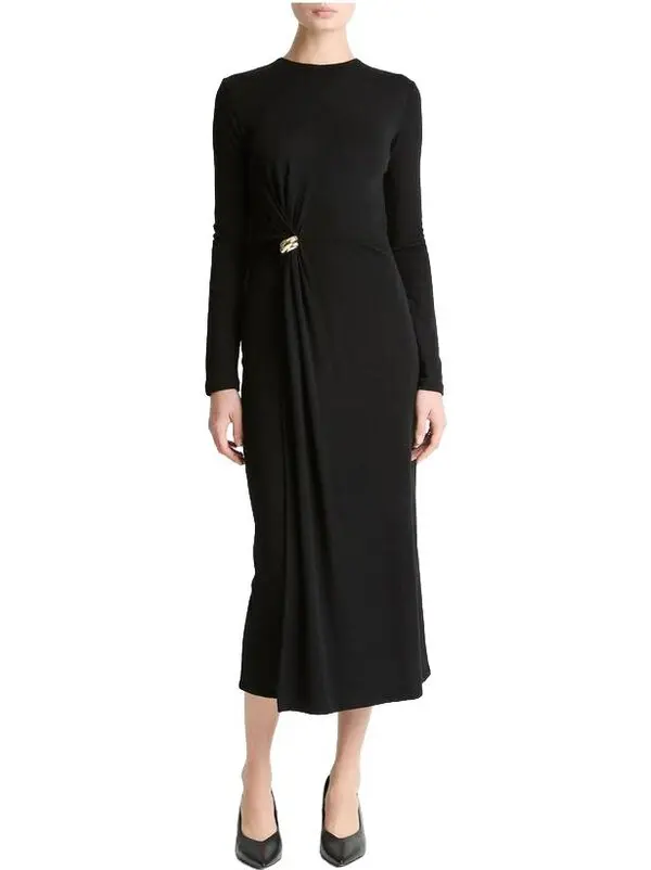 Vince Cinched-waist Wool-blend Long-sleeve Dress - Black