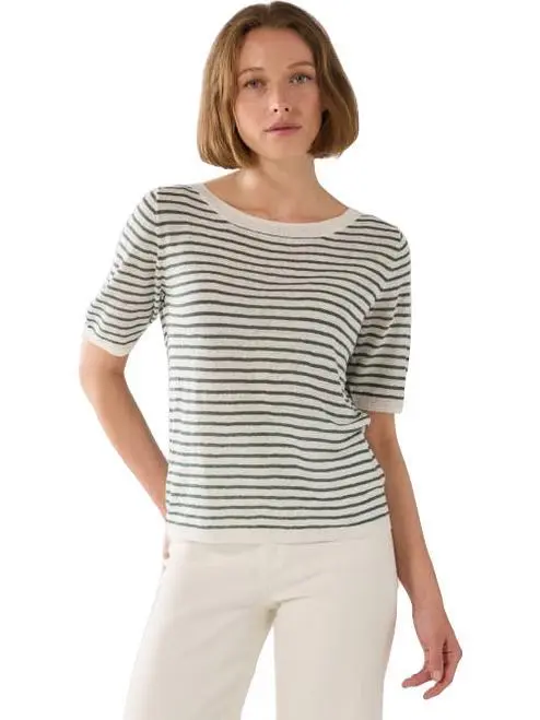 Majestic Filatures Linen Knit Stripe Elbow Sleeve Crewneck - Agave
