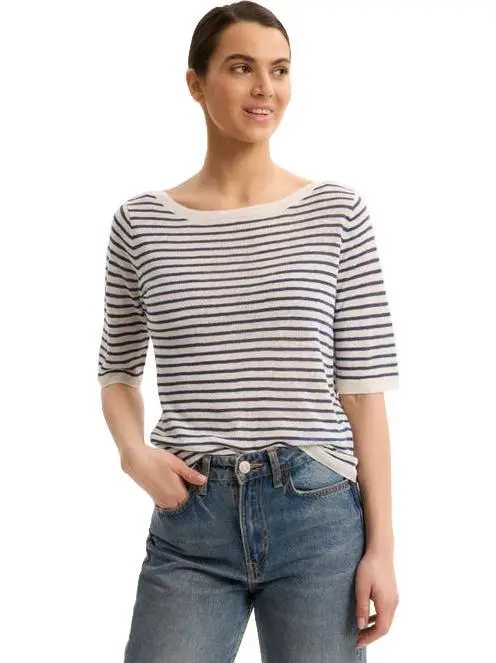 Majestic Filatures Linen Knit Stripe Elbow Sleeve Crewneck - Marine