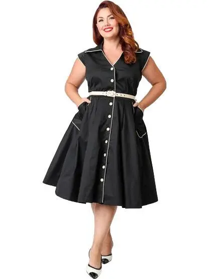 Unique Vintage Shirt Swing Dress - Black & White Trim