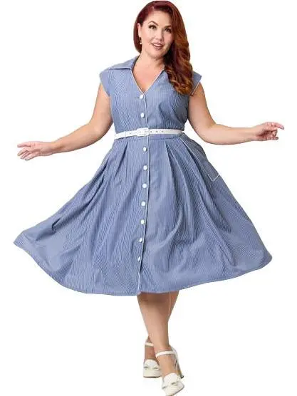 Unique Vintage Shirt Swing Dress - Blue & White Stripe