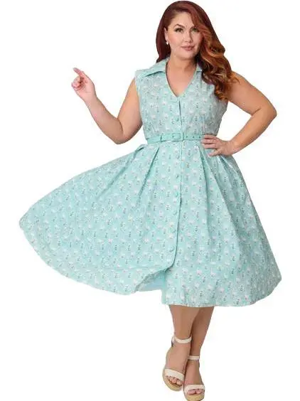 Unique Vintage Shirt Swing Dress - Blue Goose Print