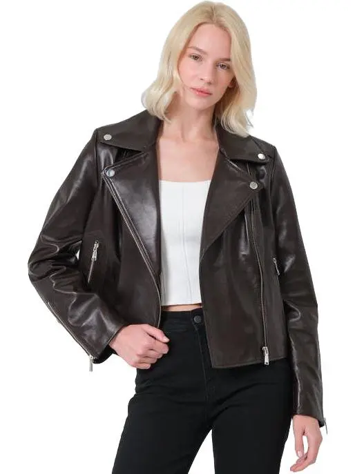 FURNIQ UK Leather Biker Jacket - Coffee Bean
