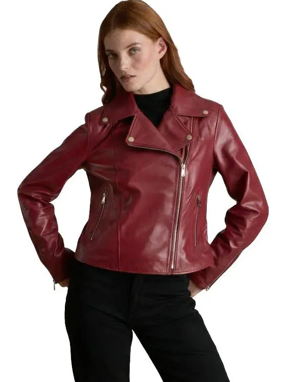 FURNIQ UK Leather Biker Jacket - Light Burgundy