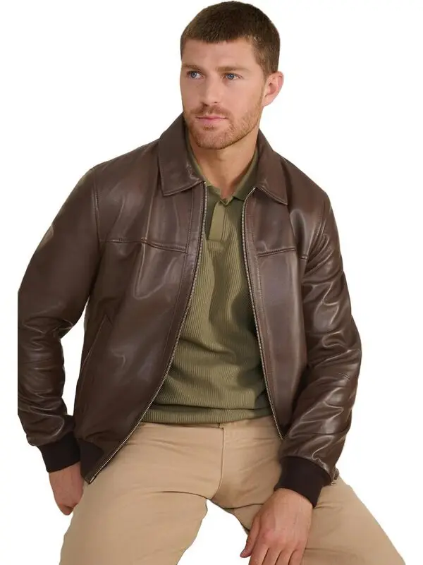 FURNIQ UK Leather Bomber Jacket - Brown