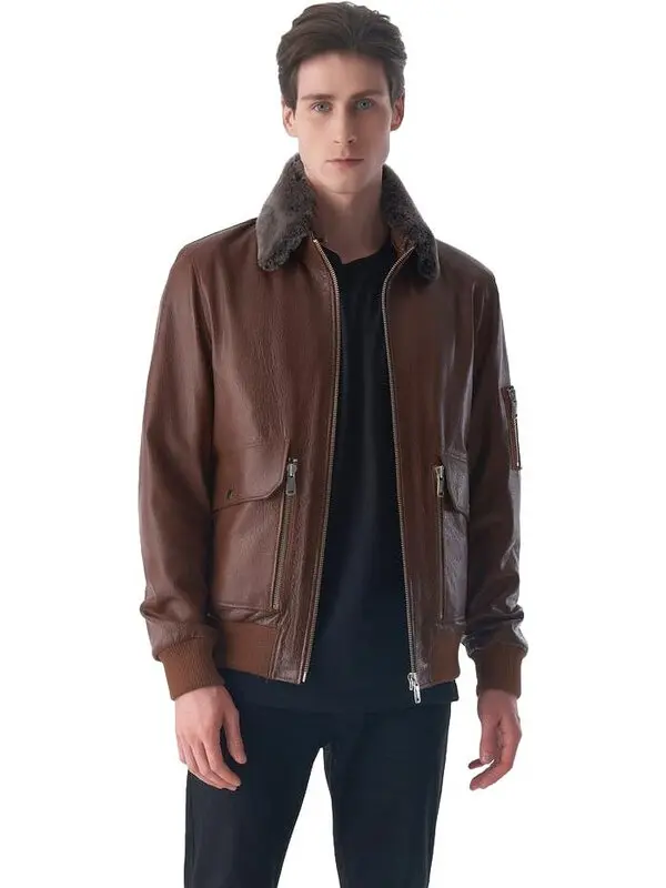 FURNIQ UK Lucas Leather Bomber Jacket - Tan Brown