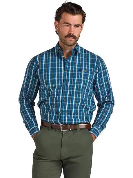 RAGING BULL Long Sleeve Check Cotton Poplin Shirt - Petrol