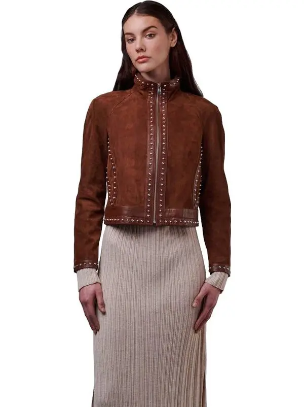 FURNIQ UK Harper Suede Studded Jacket - Brown
