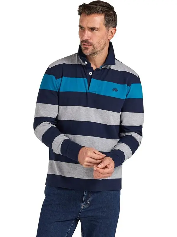 RAGING BULL Long Sleeve Contrast Stripe Rugby Shirt - Cobalt