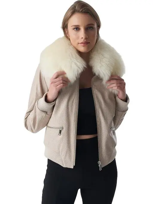 FURNIQ UK Leather Bomber Jacket - Beige
