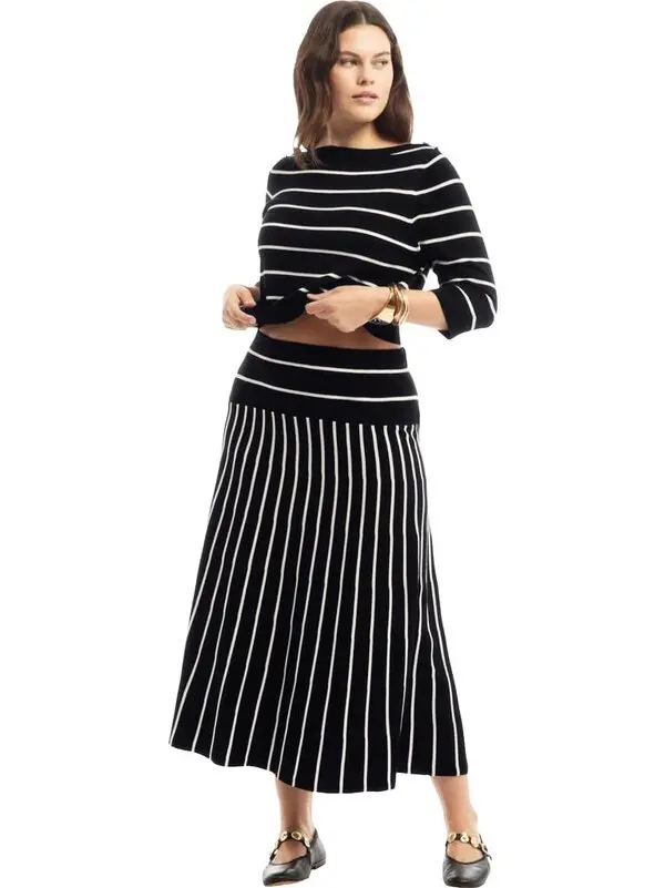 JUNE + VIE Striped Knit Midi Skirt - Black Onyx Stripe