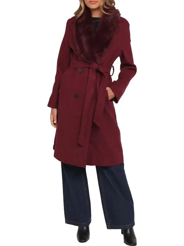 PETAL & PUP Belted Faux Fur Collared Coat - Burgundy