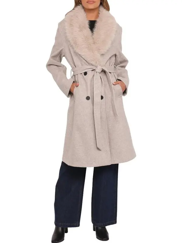 PETAL & PUP Belted Faux Fur Collared Coat - Cream