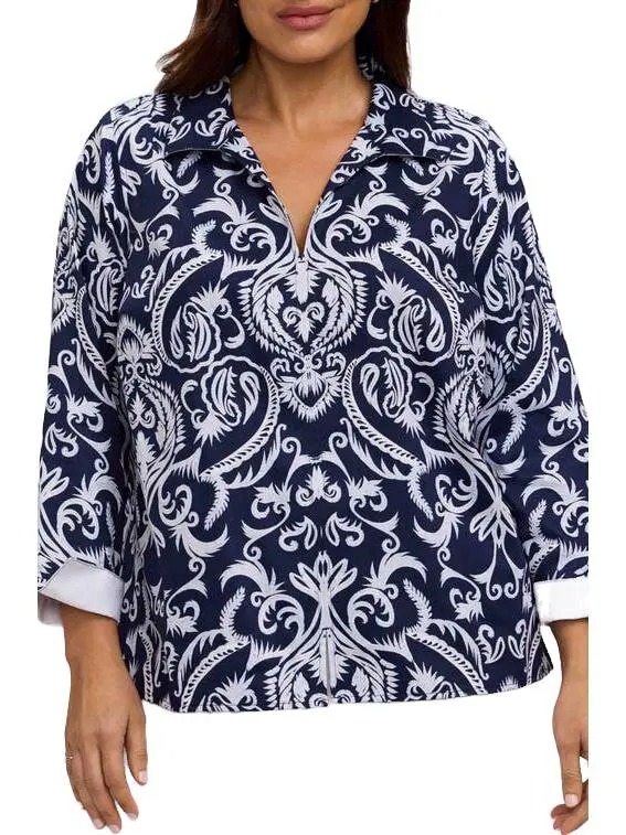 Foxcroft Agnes Florentine Print Cotton Popover Top - Navy Blue/white