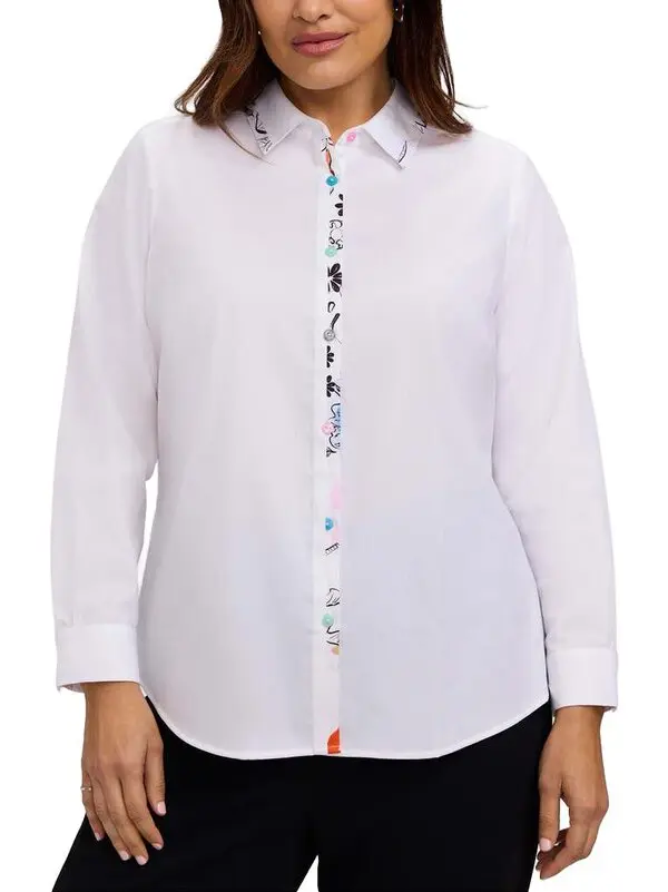 Foxcroft Floral Trim Cotton Blend Button-up Shirt - White