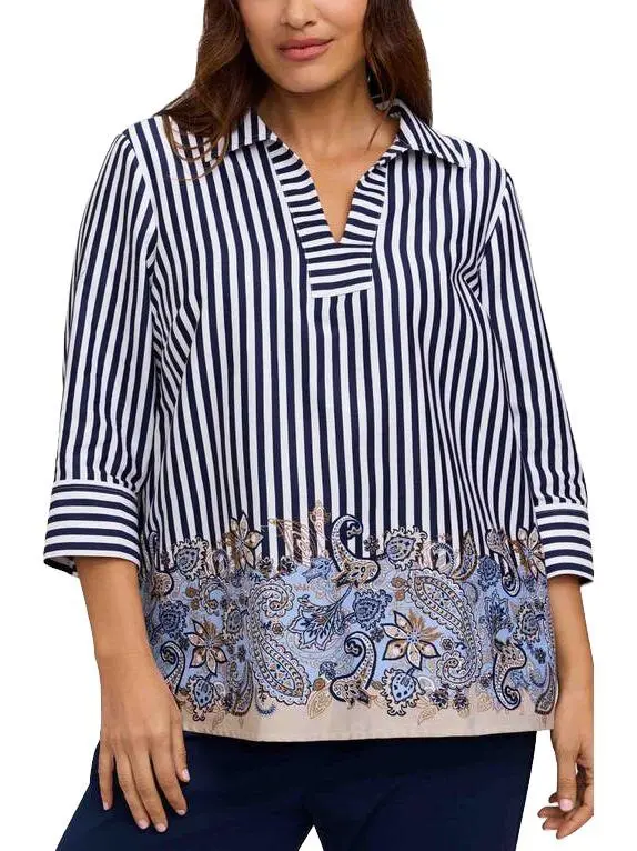 Foxcroft Julia Stripe Cotton Popover Top - Blue Multi