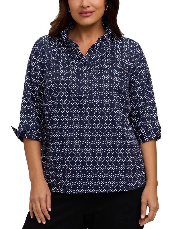 Foxcroft Tammy Cotton Ruffle Collar Top - Navy Blue/white