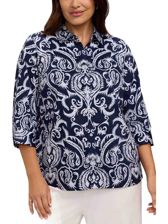 Foxcroft Hampton Florentine Print Cotton Button-up Shirt - Navy Blue/white
