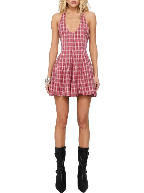 Princess Polly Plaid Halter Minidress - Red Check