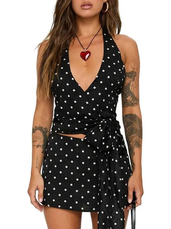 Princess Polly Beffanie Floral Halter Top & Skort Set - Black Polka Dot