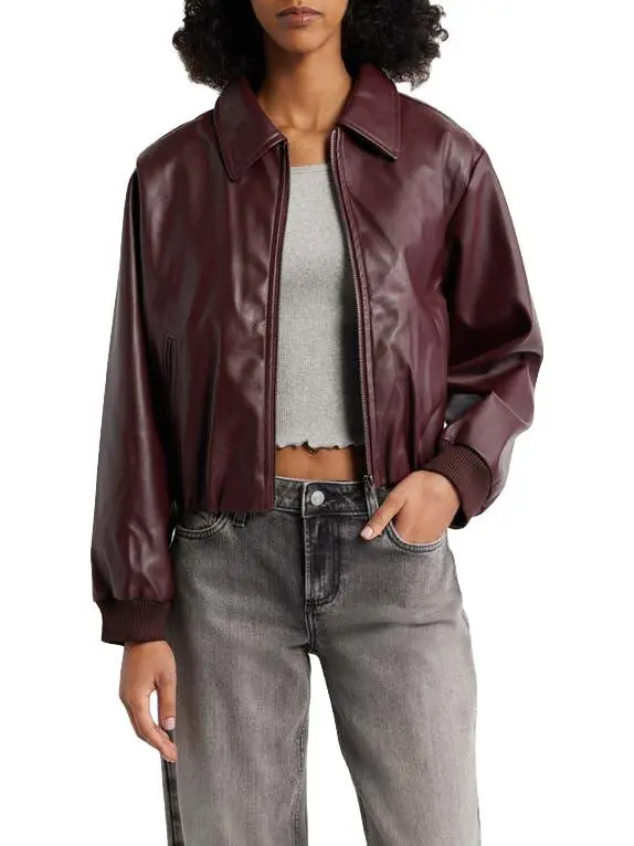 ALL IN FAVOR Faux Leather Bomber Jacket - Deep Mahogany