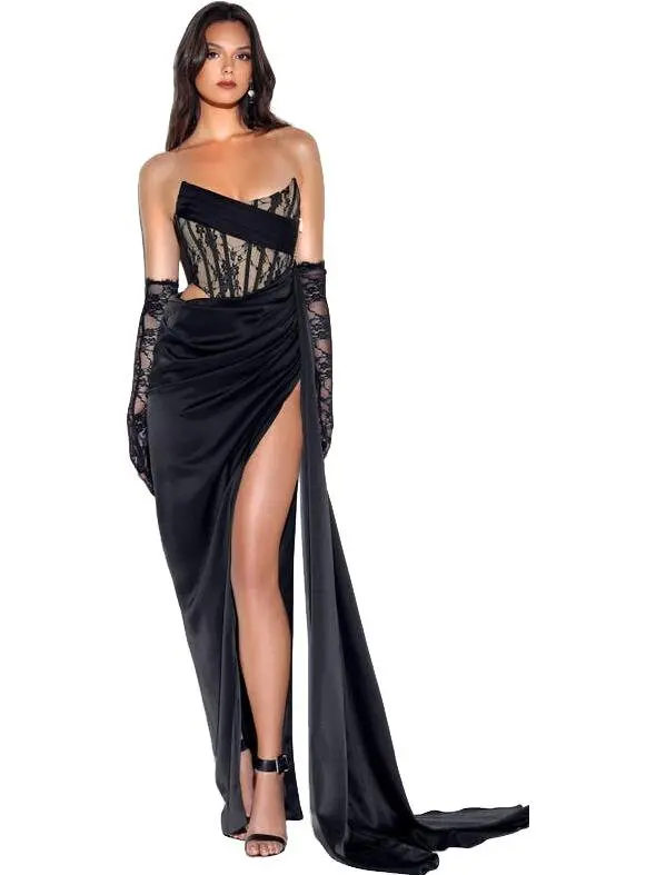 MISS CIRCLE NEW YORK Calliee High Slit Draped Satin Corset Gown - Black