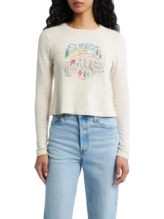 Daydreamer St. Moritz Long Sleeve Crop Graphic T-shirt - Dirty White