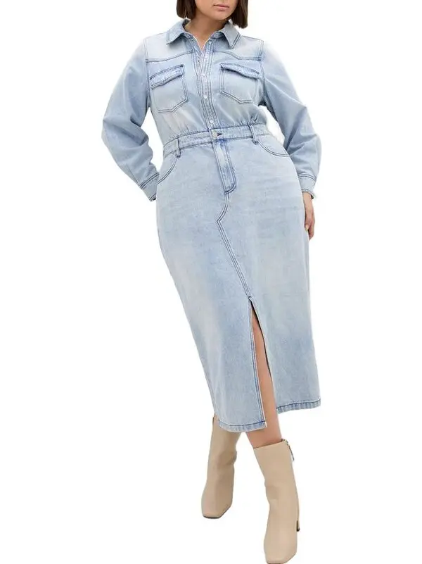 City Chic Elara Denim Midi Shirt Dress - Denim Light