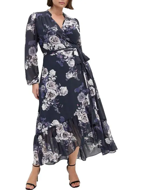 City Chic Floral Print Long Sleeve Faux Wrap Maxi Dress - Navy Rosebud