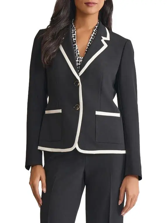 KASPER Contrast Trim Single Breasted Blazer - Black/vanilla Ice