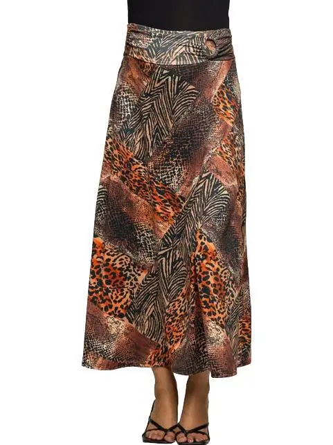 24SEVEN COMFORT APPAREL Animal Patchwork Print Maxi Skirt - Brown Multi
