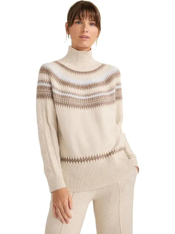HAVEN WELL WITHIN Organic Cotton Blend Fair Isle Cable Mockneck Sweater - Chantrelle Combo