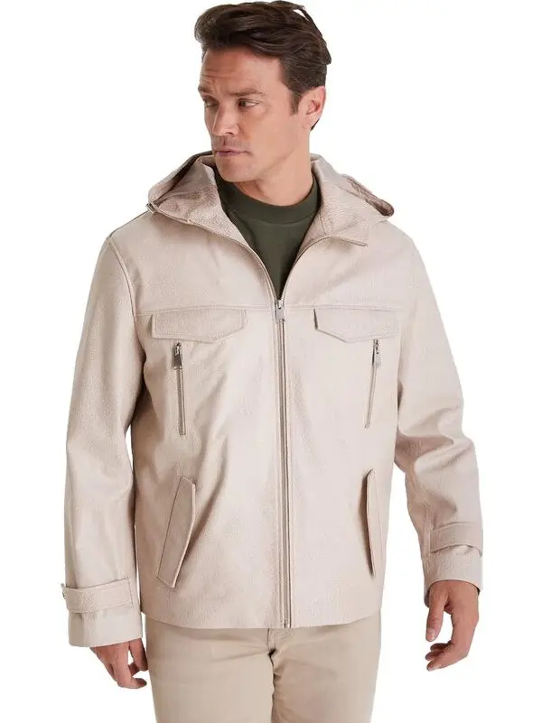 FURNIQ UK Leather Jacket With Attached Hood - Beige