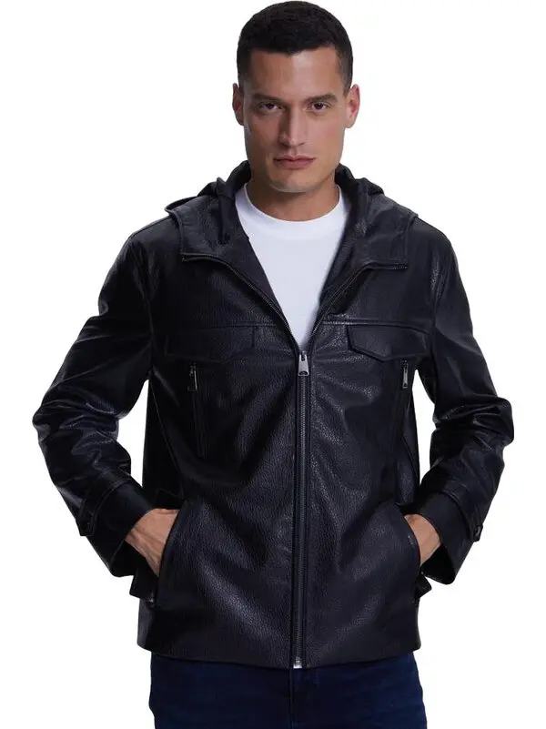 FURNIQ UK Leather Jacket With Attached Hood - Black